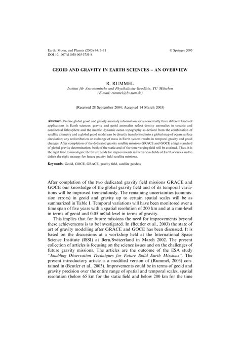 Pdf Geoid And Gravity In Earth Sciences An Overview