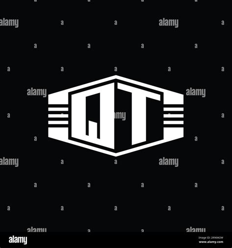 QT Letter Logo Monogram Hexagon Emblem Shape With Stripes Outline Style Design Template Stock