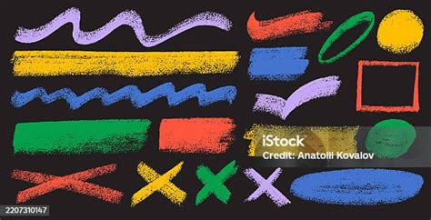 색깔 손으로 그린 크레용 취소선 선 파도 아이 스타일 다른 그런지 낙서 밑줄 음표 세트를위한 숯불 공격 벡터 마커 또는 크레용 줄무늬 곱슬 선 연필 칸막이 0명에 대한 스톡
