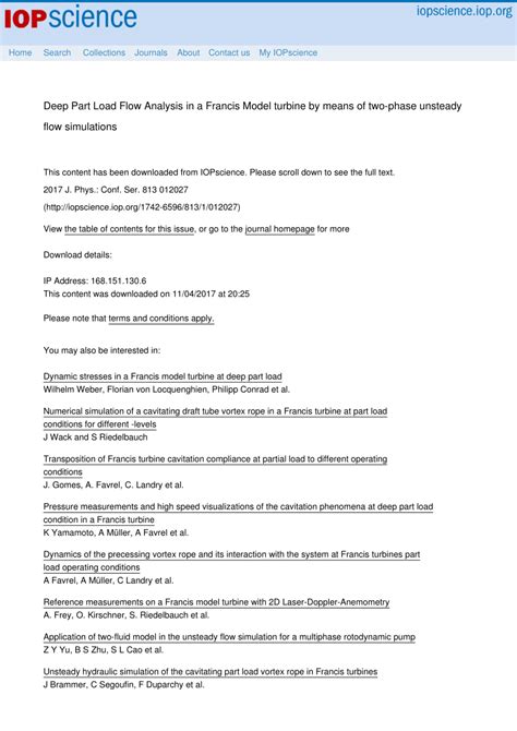 Pdf Deep Part Load Flow Analysis In A Francis Model Turbine By Means Of Two Phase Unsteady