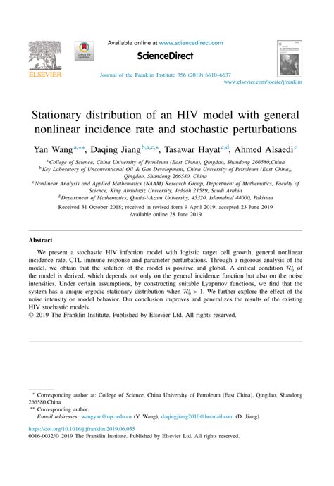 Pdf Stationary Distribution Of An Hiv Model With General Nonlinear Incidence Rate And