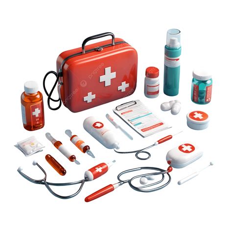 첫 번째 원조 키트 주사기 청진기 온도계 알약 항아리 캡슐 및 스프레이와 같은 3d 의료 용품을 재미있는 만화 같은 보조기구 바디 케어 안전 Png 일러스트 및 이미지