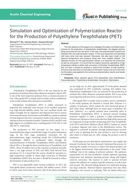 Pdf Simulation And Optimization Of Polymerization Reactor For The Production Of Polyethylene