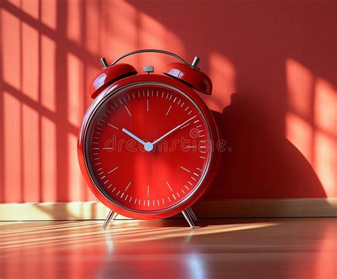 Vibrant Red Alarm Clock Stands Against Bright Wall Casting Shadows On Wooden Floor Creating