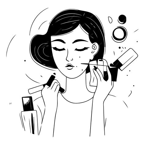 Premium Vector Beautiful Woman Applying Makeup In Line Art Style