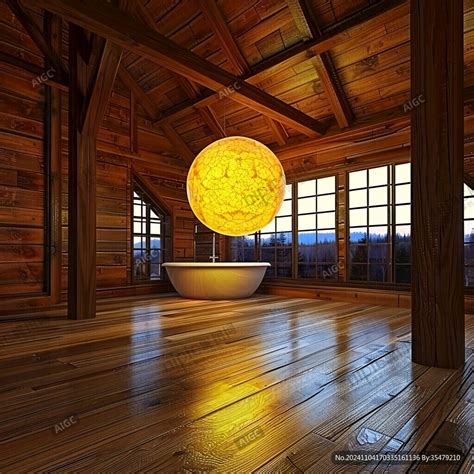 Ai创作图木屋内透光 木屋吊灯 木屋大厅 木结构穹顶 木屋灯饰 木房子与灯光 室内屋顶木建筑 木屋灯光 室内木质吊灯 光芒照耀观景木屋 木宅