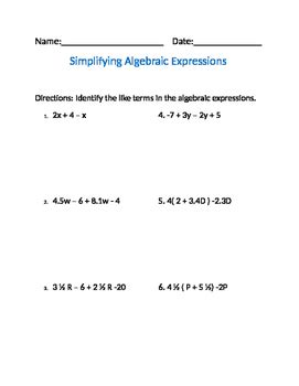 Simplifying Algebraic Expressions By Mrs Jones WSIS TPT