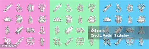 세트 라인 군용 칼 로켓 탱크 황동 너클 수류탄 의료 텐트 잠수함 및 워키 토키 아이콘 벡터 건강 진단에 대한 스톡 벡터 아트 및 기타 이미지 Istock