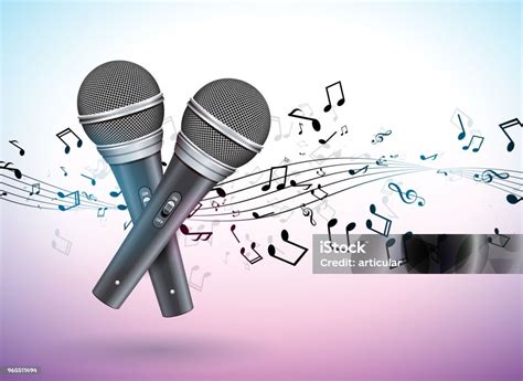 마이크와 보라색 바탕에 떨어지는 노트 음악 테마에 배너 그림을 벡터 배너 포스터 또는 인사말 카드 서식 파일을 디자인 합니다