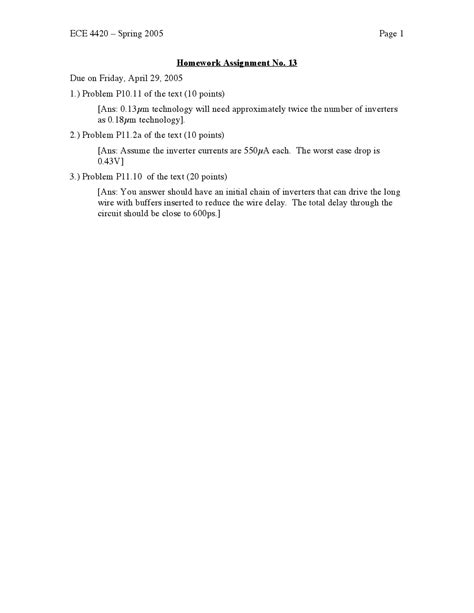 Digital Integrated Circuits Assignment 13 Spring 2005 Ece 4420 Assignments Electrical