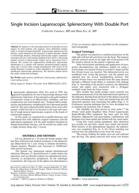 Pdf Single Incision Laparoscopic Splenectomy With Double Port