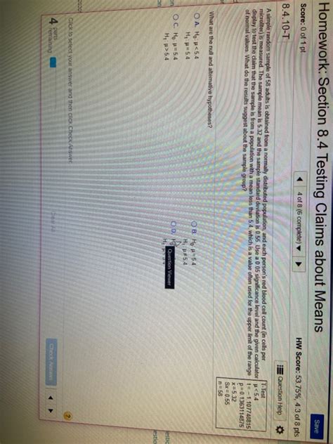 Solved Homework Section 8 4 Testing Claims About Means Save