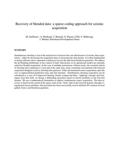 PDF Recovery Of Blended Data A Sparse Coding Approach For Seismic Acquisition