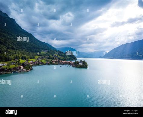 Panoramic Drone View Of Iseltwald Village At Brienz Lake Switzerland