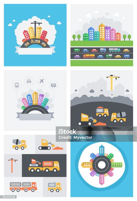 사각형에 도시 장면의 세트입니다 건설 중인 건물 교통 이동성 개념에 대한 스톡 벡터 아트 및 기타 이미지 개념 개념과 주제 건설 산업 Istock