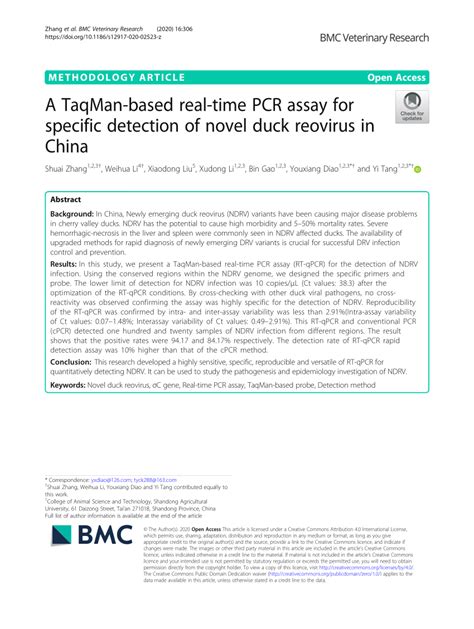 Pdf A Taqman Based Real Time Pcr Assay For Specific Detection Of Novel Duck Reovirus In China
