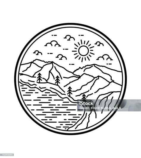 모노 라인 아트의 바다 전망과 산 절벽의 벡터 디자인 배지 패치 핀 그래픽 일러스트 레이 션 벡터 아트 티셔츠 디자인 0명에 대한 스톡 벡터 아트 및 기타 이미지 Istock