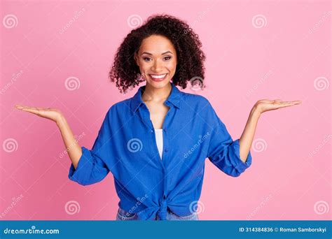 Photo Of Lovely Cute Woman Wear Blue Trendy Clothes Compare Two Objects Empty Space Isolated On