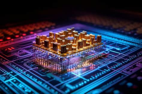 Electronic Circuit Board Close Up Microcircuit In Led Blue Light