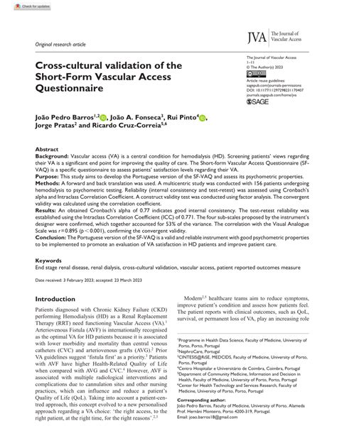 Pdf Cross Cultural Validation Of The Short Form Vascular Access Questionnaire
