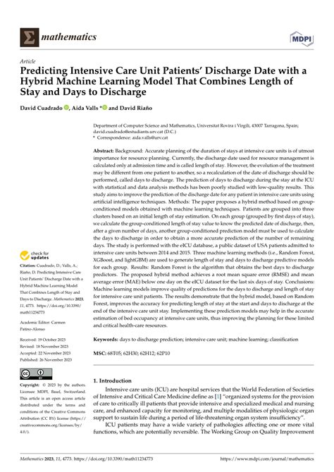 Pdf Predicting Intensive Care Unit Patients Discharge Date With A Hybrid Machine Learning