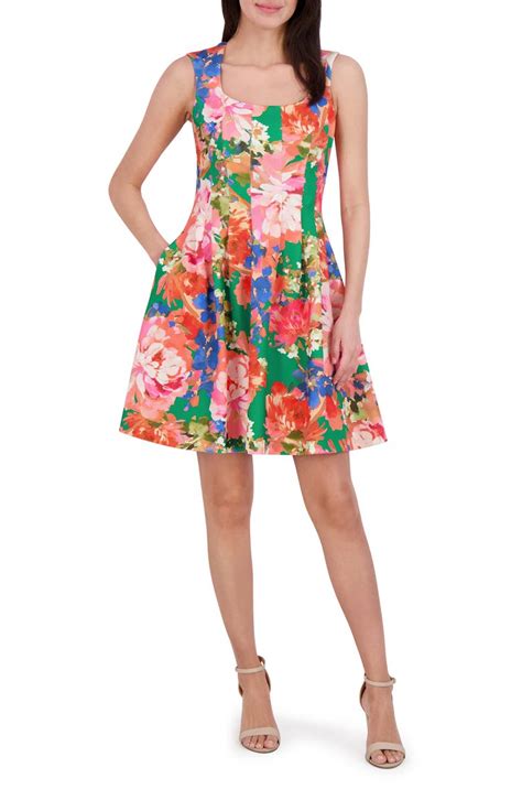 Vince Camuto Floral Pleated Scuba Knit Fit And Flare Dress Nordstrom
