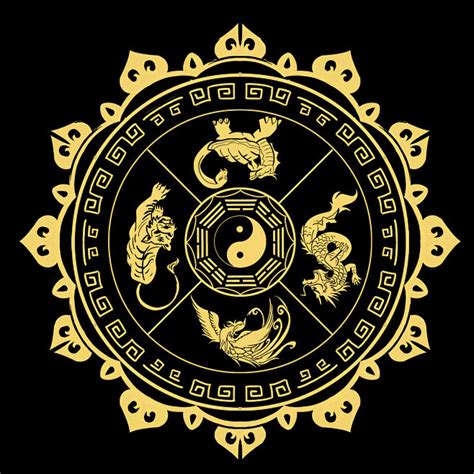 青龙白虎朱雀玄武 四神纹（青龙 东方青色木，白虎 西方白色金，朱雀 南方红色火，玄武 北方黑色水