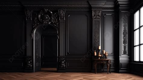 어두운 벽이 있는 화려하게 디테일한 방 고전적인 목재 몰딩 검은색 페인트 벽이 있는 3d 렌더링 내부 코너 고화질 사진 사진 배경 일러스트 및 사진 무료 다운로드