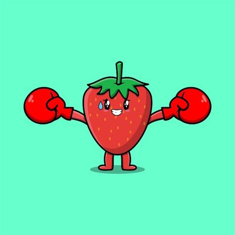 권투 글러브와 귀여운 세련된 디자인으로 스포츠를 하는 귀여운 딸기 마스코트 만화 프리미엄 벡터