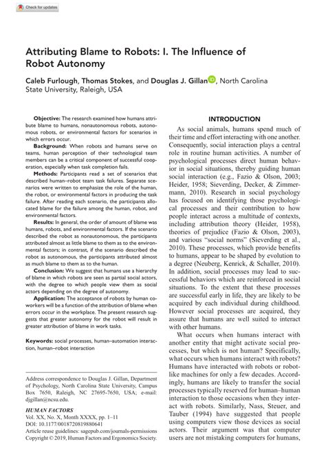 Pdf Attributing Blame To Robots I The Influence Of Robot Autonomy