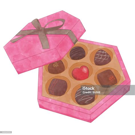 귀여운 상자에 있는 발렌타인 데이 초콜릿의 수채화 그림 초콜릿 조각에 대한 스톡 벡터 아트 및 기타 이미지 초콜릿 조각 상자 초콜릿 Istock
