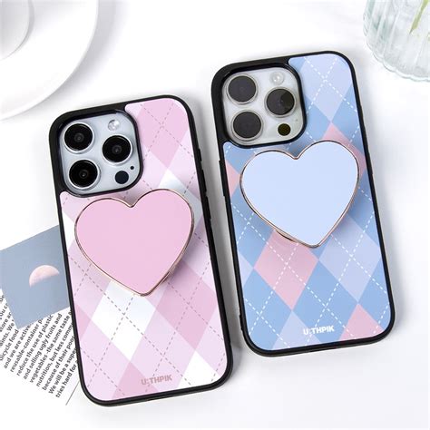 아이폰 15 프로 맥스 케이스 하트 그립 톡홀더 스마트톡 거치대 아가일 체크 패턴 에이블리