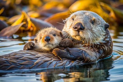 Sea Otter Mother Pup Kelp Forest Coastal Waters Heartwarming
