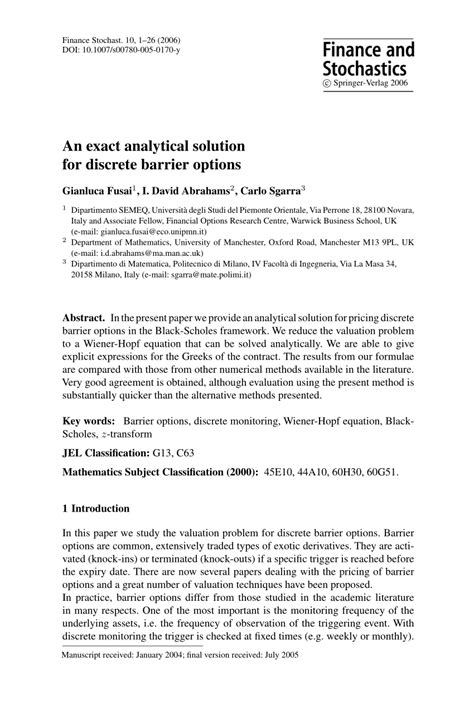 PDF An Exact Analytical Solution For Discrete Barrier Options