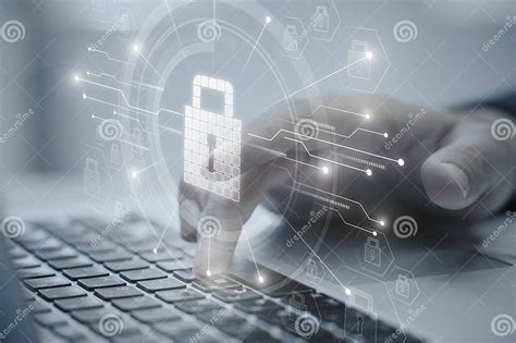 Close Up Of Man Hands Using Laptop Keyboard On Desktop With Glowing Circuit Padlock Hologram On