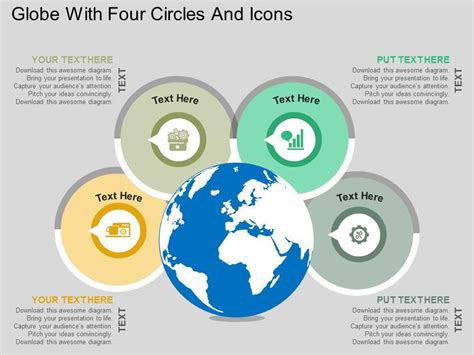 Globe With Four Circles And Icons Flat Powerpoint Design PowerPoint Slide Template