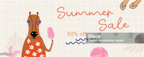 여름 세일 배너 계절 배경입니다 여름 수영장 재미있는 카피바라 캐릭터 할인 특별 제안 평면 디자인 벡터 일러스트 레이 션 디자인에 대한 스톡 벡터 아트 및 기타 이미지