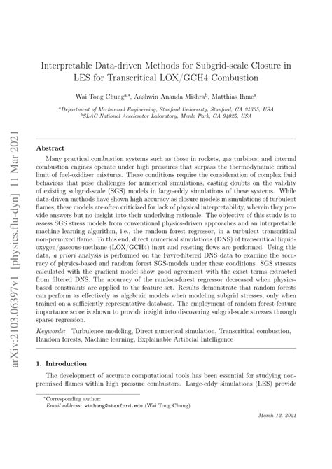 Pdf Interpretable Data Driven Methods For Subgrid Scale Closure In Les For Transcritical Lox