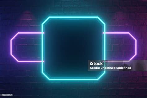 디지털 제품 배경 파란색 분홍색 빛 반사 배경이있는 어두운 빨간색 벽돌의 빈 사각형 프레임 조명 3d 일러스트 렌더링 0명에 대한 스톡 사진 및 기타 이미지 Istock