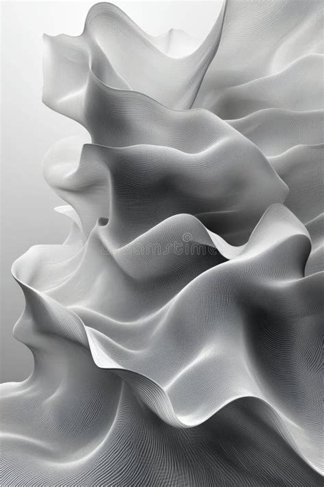 Abstract White Fabric Waves Forming Dynamic Fluid Shapes Against Gray Background Stock