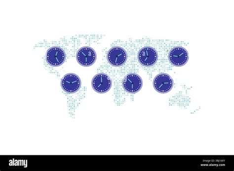 Digital Illustration Of Pixelated World Map With Blue Clocks Showing Different Time Zones