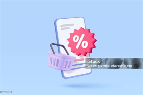 온라인 쇼핑 개념을위한 가격표가있는 3d 휴대 전화 미래를위한 현금의 프로모션 태그 할인 쿠폰이있는 바구니 특별 행사 프로모션 3d 가격 태그 아이콘 벡터 렌더링 일러스트