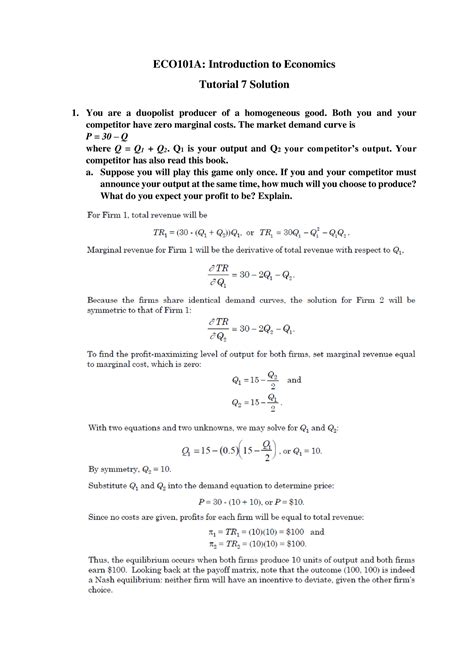 Tutorial 7 Solution Tut Eco101a Introduction To Economics Tutorial