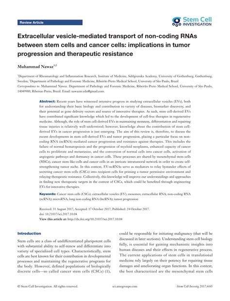 Pdf Extracellular Vesicle Mediated Transport Of Non Coding Rnas
