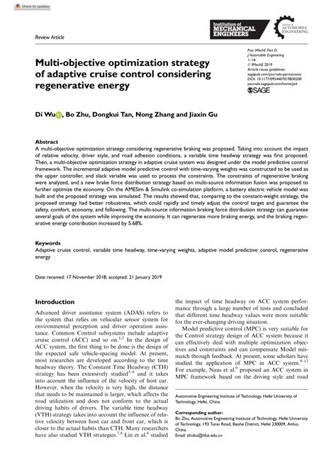 PDF Multi Objective Optimization Strategy Of Adaptive Cruise Control