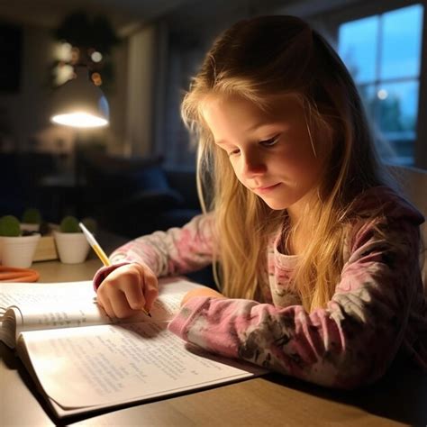 Premium AI Image Girl Writing In A Notebook At A Table With A Lamp