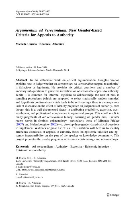 PDF Argumentum Ad Verecundiam New Gender Based Criteria For Appeals To Authority