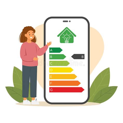 Woman Controls Energy Efficiency With Mobile App Energy Rating Class And Home Icon On Screen