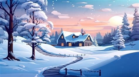 매력적인 3d 만화 스타일의 겨울 풍경 눈 덮인 나무와 아늑한 집 겨울 눈송이 눈송이 배경 12월 배경 배경 일러스트 및 사진 무료 다운로드 Pngtree