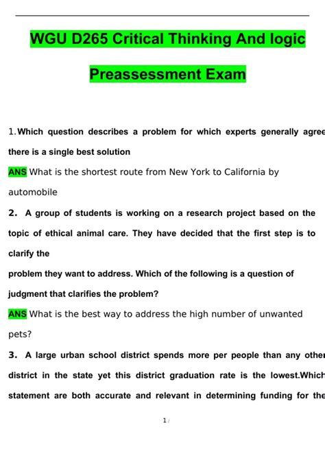 WGU D Critical Thinking And Logic Pre Assessment Questions With Correct Answers
